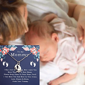 WSNANG First Time Mom Pregnancy Gift Necklace with Message Card Feet Footprints Pendant Necklace for Expecting Mom (Feet Bump NL Card)