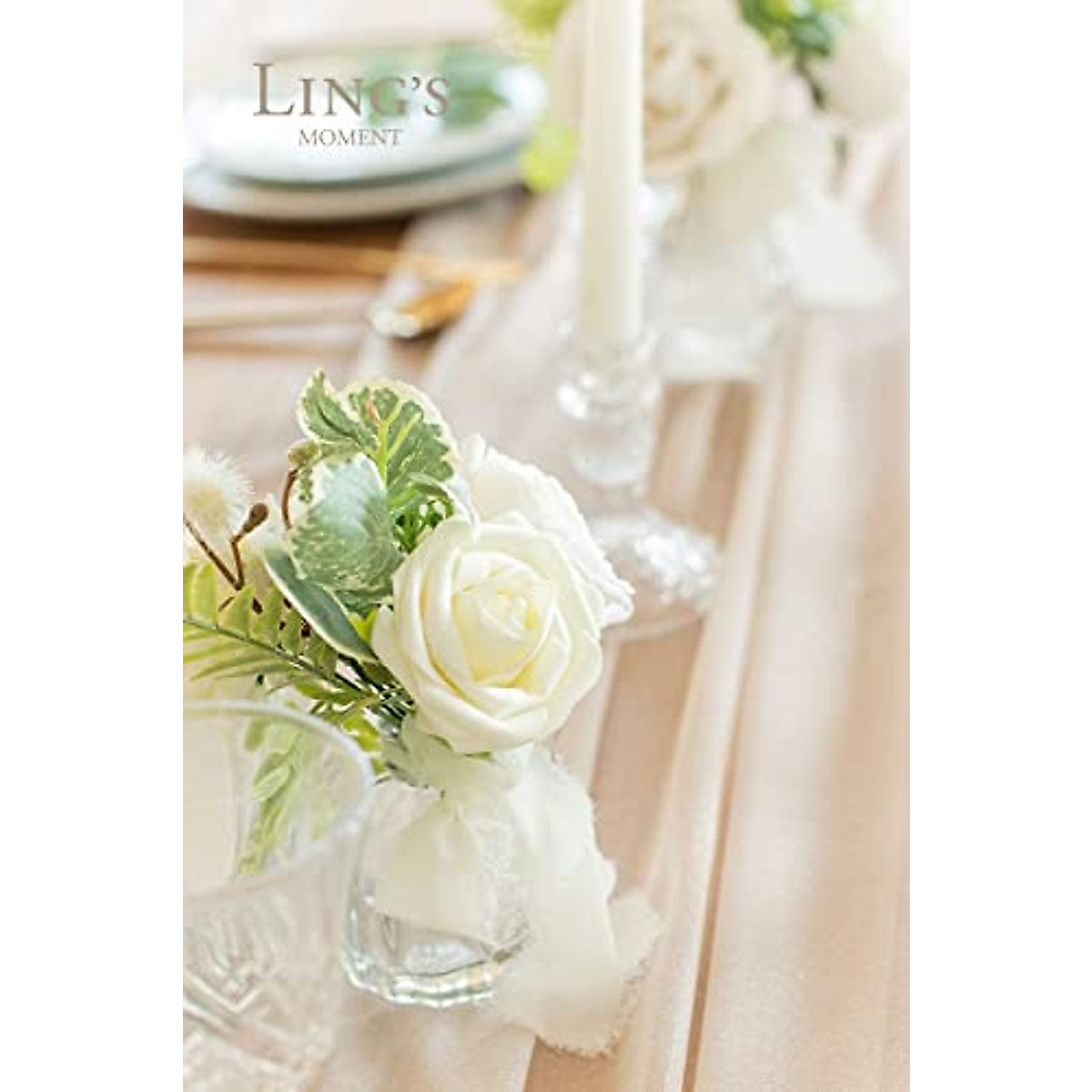 Ling's Moment Artificial Flowers Ivory Foam Fake Roses with Stems 25pcs for DIY Wedding Bridal Shower Centerpieces Tables Decorations Party