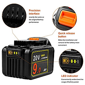 20-Volt Upgrade High-Output 9.0Ah Long-Lasting Battery for DEWALT 20V Max XR DCB200 DC203 DCB204 DCB205 DCB206 DCB209 DCD/DCF/DCG Series Tool Battery