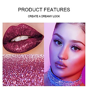 4 Colors Glitter Lipsticks Diamond Shimmer Metallic Lip Stick Set Kit Long Lasting, Purple Red Matte to Glitter Sparkle Sparkly Glossy Liquid Lipstick Lip Gloss Set for Women Lips Make up