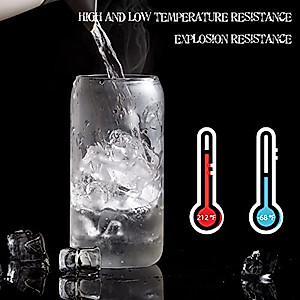 Drinking Glasses with Bamboo Lids and Glass Straw 4pcs Set - 16oz Can Shaped Glass Cups, Iced Coffee Glasses, Beer Glasses, Cute Reusable Bottle, Ideal for Whiskey, Tea, Gift - 2 Cleaning Brushes