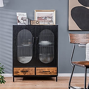 Giantex Buffet Cabinet with 2 Drawers, Wooden Sideboard, Standing 2-Tier Cupboard w/Tempered Glass Doors, Industrial Multifunctional Storage Cabinet for Kitchen Living Room Coffee Bar (Black & Brown)