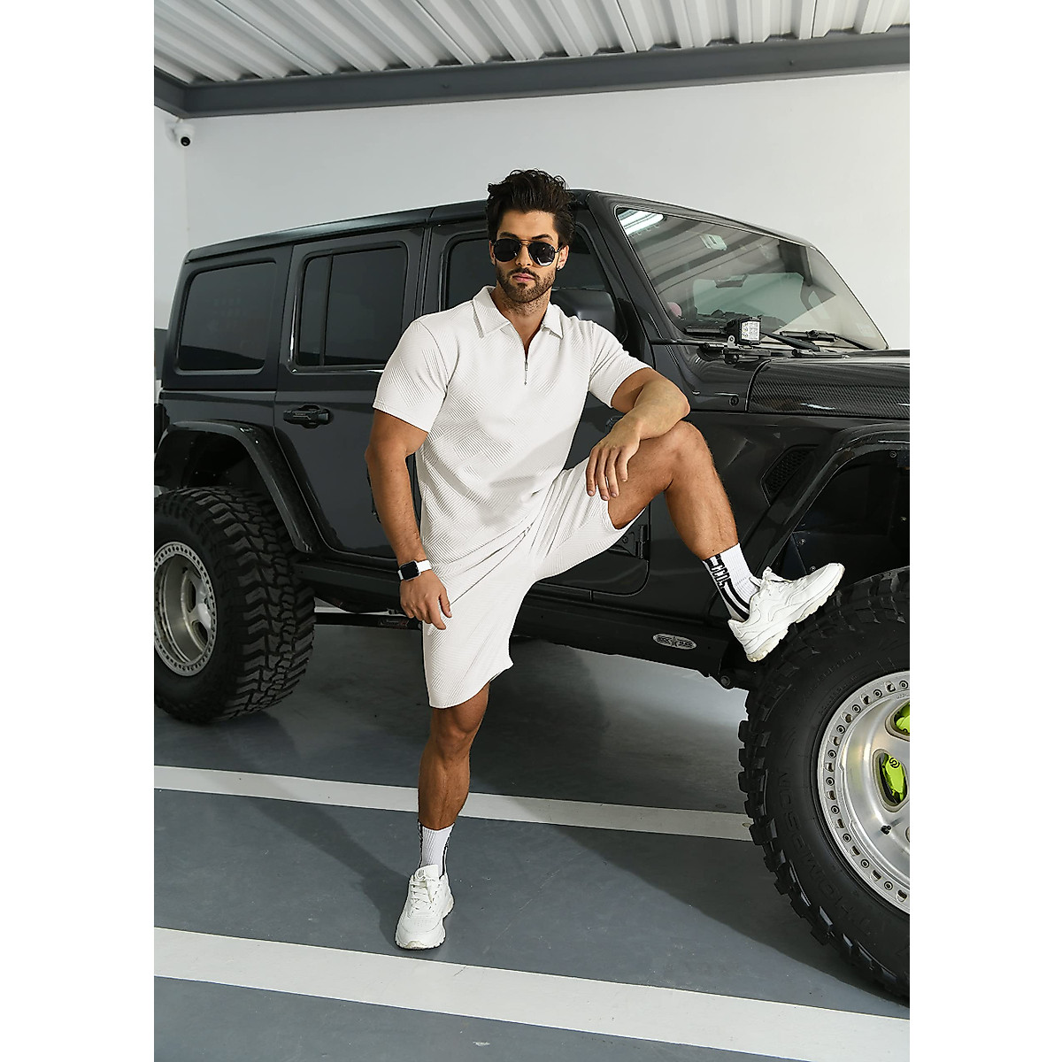 KUYIGO Men's Polo Shirt and Shorts Set Summer White Beach Outfits for Men2 Piece Tracksuit White 3XL