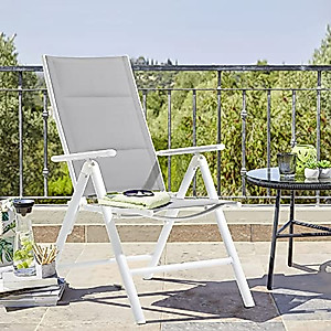 Soleil Jardin Folding Patio Chairs Set of 4, Aluminum Portable Reclining Lawn Chairs with Adjustable High Backrest & Soft Padding, Outdoor Dining Chairs for Porch Pool Yard, No Assembly, White & Gray