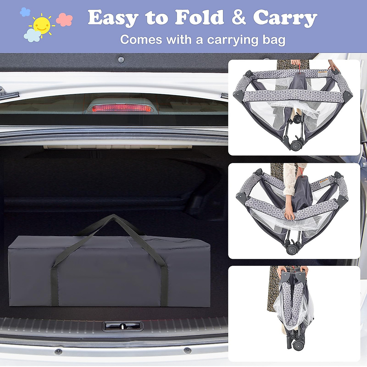 INFANS 3 in 1 Pack and Play, Portable Travel Baby Crib Bassinet with Detachable Mattress, Newborn Changing Table, Foldable Playpen with Carry Bag and 2 Wheels (Classic)