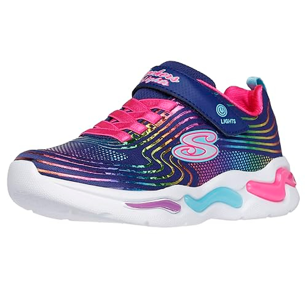 Skechers Kids Wavy Beams Sneaker, Navy/Multi, 2 US Unisex Little Kid