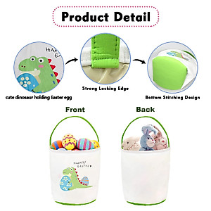 Cerlaza Easter Gift Basket Empty for Kids Canvas Tote, Easter Dinosaur Holding Eggs Hunt Basket with Handle for Toys Carrying, Cute Design Cotton Basket for Easter Party Supplies