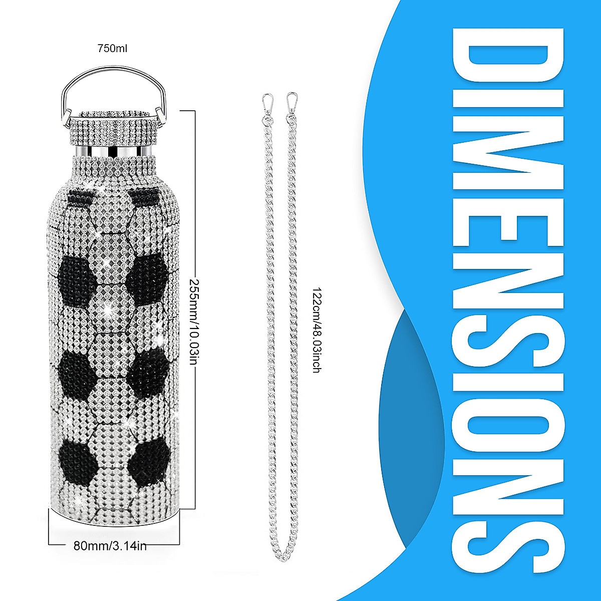 Liquid TuNes Soccer Bling Water Bottle Stainless Steel Thermal Bottle, Insulated Refillable Glitter Water Bottle with Chain, Great Gift Idea for Girls(500ml/16.9 oz)