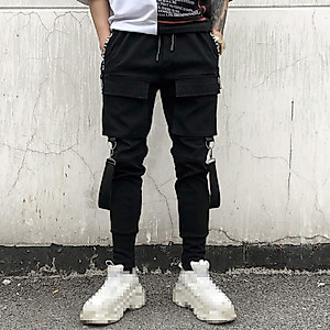 MOKEWEN Men's Multi Pocket Street Punk Hip Hop Casual Cargo Trousers Joggers Dancing Harem Pant 31-32