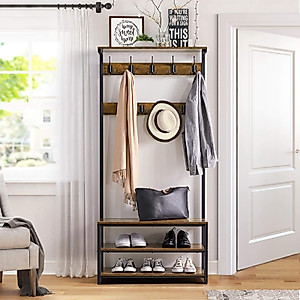 Yaheetech 3-in-1 Design Hall Tree Coat Rack Shoe Bench with 23 Hooks, Entryway Storage Shelf Bench with Metal Frame, Industrial Accent Furniture for Mudroom & Hallway, Easy Assembly, Rustic Brown