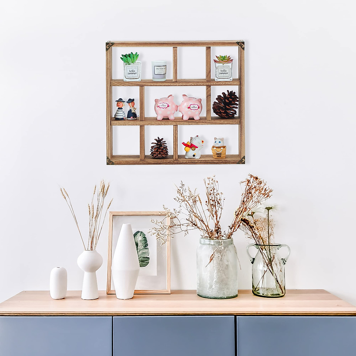 FIRMINANA Rustic Shadow Box Shelf,17.7x15.7-Inch Wall-Mounted (Vertical or Horizontal),9-Slot Rustic Wood Floating Shelves,Lightweight Solid Wood Display Shelf for Shot Glass (Brown)