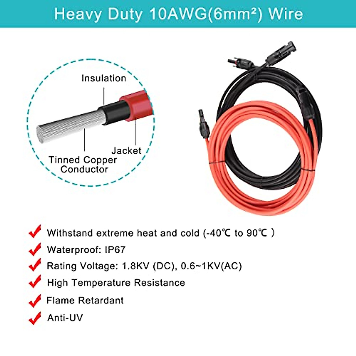 Solar Panel Extension Cable 20FT - 20Feet 10AWG(6mm²) Solar Extension Cable Wire with Female and Male Connector,10Gauge 20FT Black & 20FT Red Solar Panel Wiring for RV Solar Panels, Home, Boat