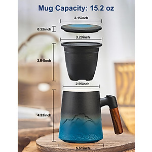 suyika Tea Cup with Infuser and Lid, 15.2 Ounce Wood Handle Ceramic Loose Leaf Tea Mug,Embossed Tea Steeping Mug for Gifts, Gradient Black&Blue 450ml