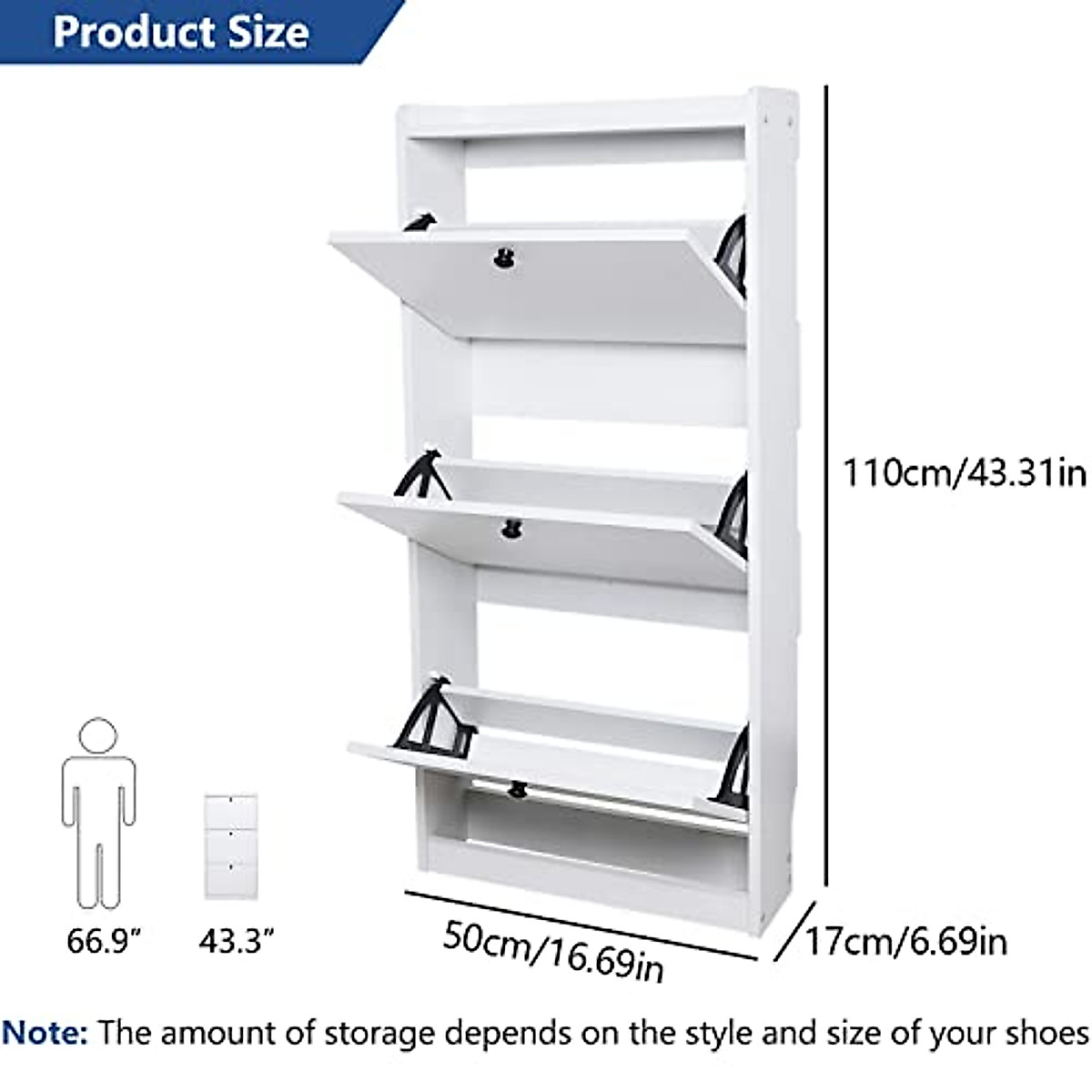 ZHFEISY 3 Tier Shoe Cabinet Shoe Storage Cabinet with 3 Large Fold-Out Drawers 19.69" x 6.69" x 43.31" White Shoe Rack for Entryway Hallway