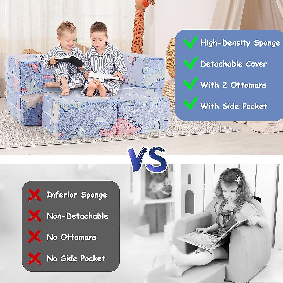 MAMIZO Kids Sofa Couch, Modular Toddler Couch Dinosaur Glow in Dark, Fold Out Play Plush Foam Chair, with 2 Ottomans 1 Side Pocket Soft Furniture Indoor Playroom Nursery Boys Girls