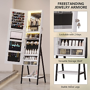 jajov 47.2" LED Jewelry Cabinet Armoire, Standing Mirror with Jewelry Storage, Jewelry Organizer Armoire with Full Length Mirror, Lockable Jewelry Mirror Cabinet (White)