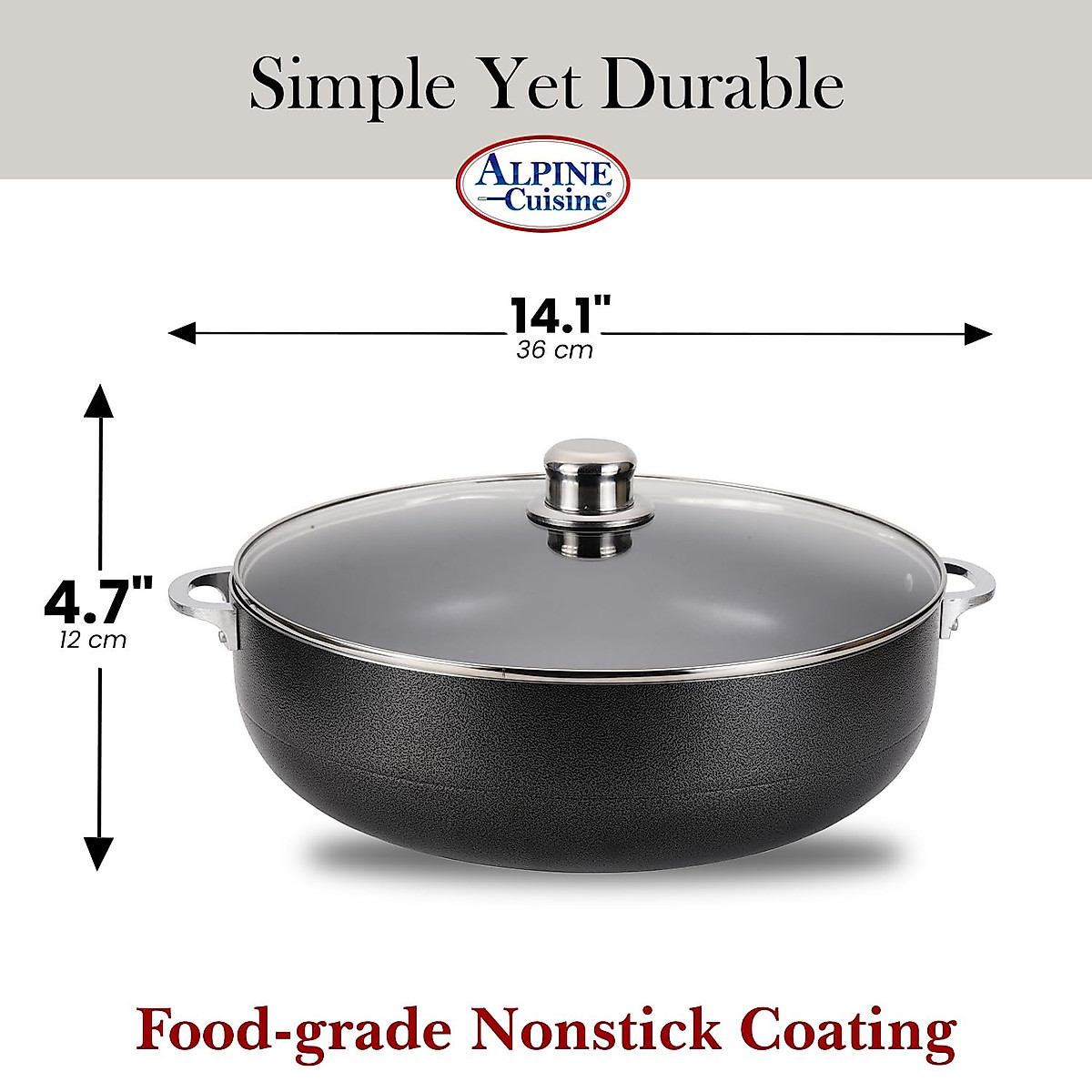 Alpine Cuisine Non-Stick Dutch Oven 11 Quart with Glass Lid | Multi-Purpose Aluminum Caldero for Braising - Boiling - Stewing | Nonstick Coating with Black Finish | Ideal for All Serving Sizes Pot