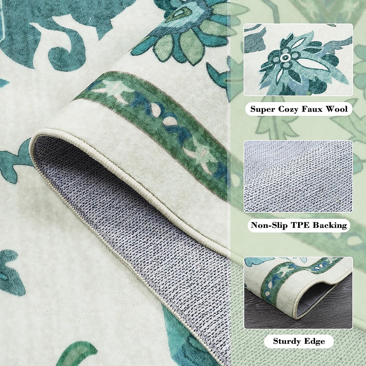 Uphome Area Rug 8x10 Rugs for Living Room, Green Non-Slip Washable Bedroom Rug, Soft Oriental Turkish Dining Room Rug, Modern Oushak Floral Room Rug for Office Playroom Guest Room