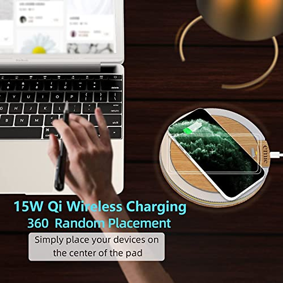 emie Wireless Charger Pad with Lamp, Fast Max 15W Wireless Charging Solution for Qi Enabled/iPhone/Galaxy, LED Touch Table Lamp for Bedside Nightstand Desk and Bedroom Dorm Home Office Decor