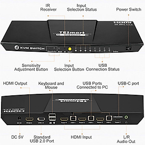 TESmart HDMI and USB C KVM Switch 4 Port Box, UHD 4K@60Hz RGB 4:4:4, USB 2.0 Hub, Stereo Audio, Hotkey, Button Switching, PC Keyboard Mouse Switcher for 3 HDMI and 1 USB-C Computers with 5ft Cables
