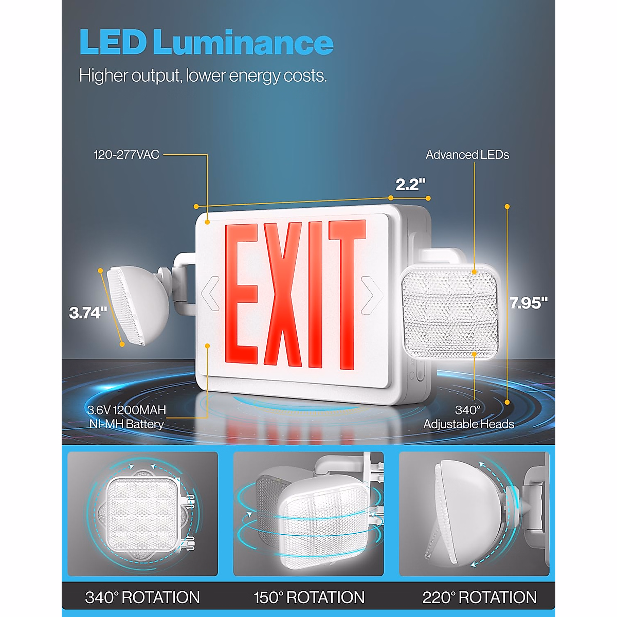 Sunco Red Exit Signs With Emergency Lights, Two Adjustable Square LED Lights, 94V-0 Fire Resistant, Backup Battery, 120-277V, Wall Or Ceiling Mount, Commercial Grade Double Sided UL 2 Pack