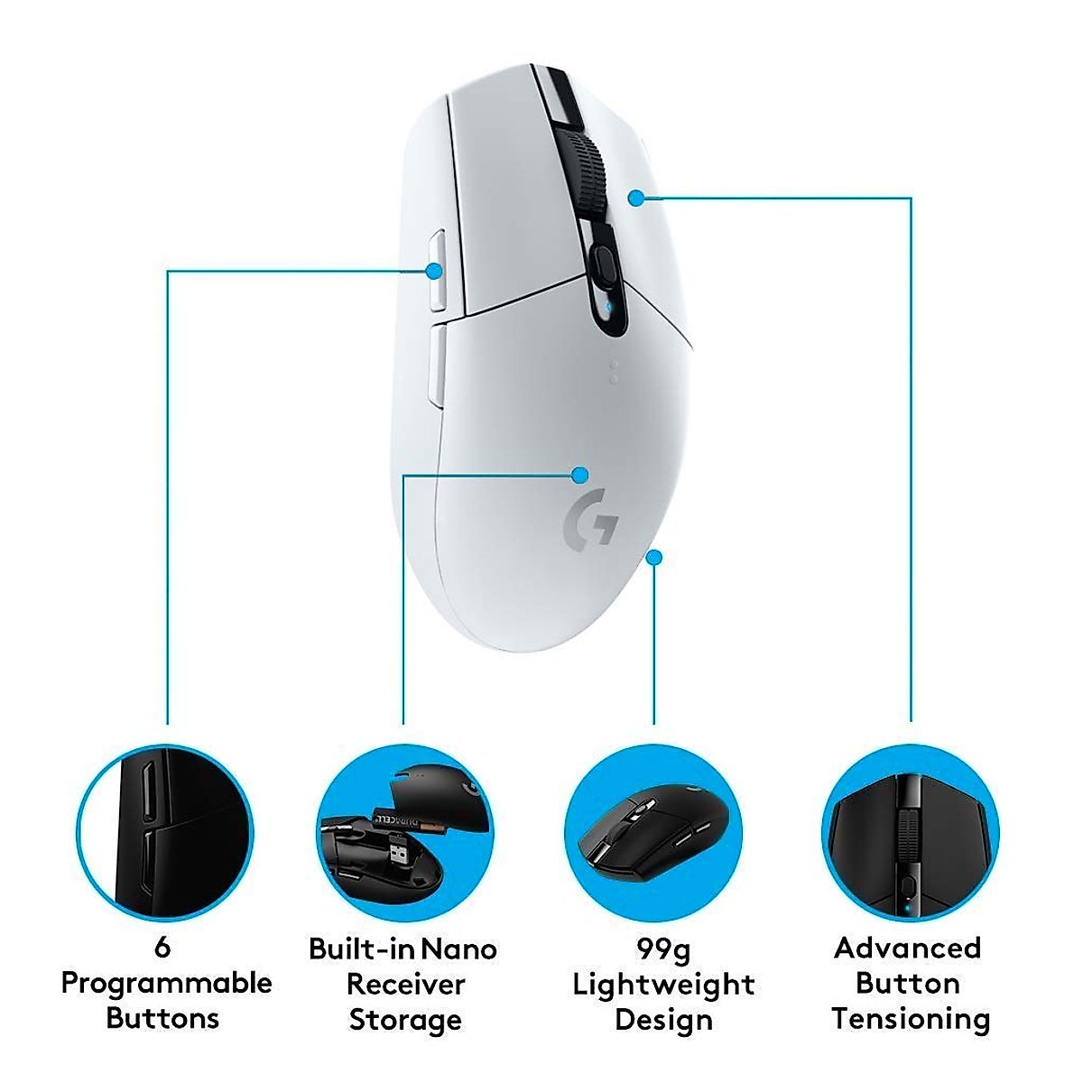 Logitech G305 Lightspeed Wireless Gaming Mouse, HERO Sensor, 12,000 DPI, Lightweight, 6 Programmable Buttons, 250h Battery Life, On-Board Memory, Compatible with PC/Mac - White (Renewed)
