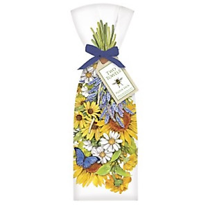 Mary Lake Thompson T1246 2 Hanging Sunflower Ribbon Tied Flour Sack Towels 30 Inches Square, Screen Print Design in Lower Center Only