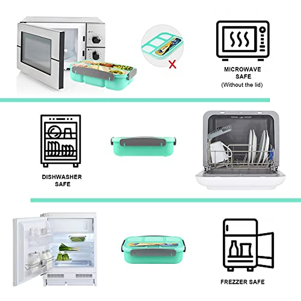 BentoMoment Bento Lunch Box, 4 Compartments Lunch Box Containers for Adults, 5 Cups Bento Box with Utensils& Fruit Fork, Cute Snack Lunch Box, Leakproof Microwave Safe Bento Boxes, Green