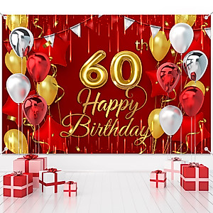 60th Birthday Backdrop Banner Decorations Red and Gold for Women Men Happy 60 Years Old Bday Background Photography Party Decor Sign Supplies