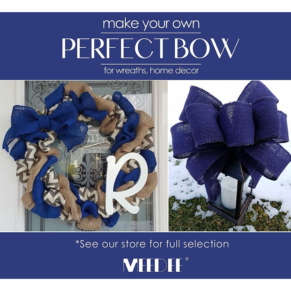 MEEDEE Royal Blue Burlap Ribbon 1.5 Inch Wired Edge Roll for Christmas Wreath, Welcome Wreath, Gift Wrapping, Garland, Bows Making, Swag, Home Decor (10 Yards)