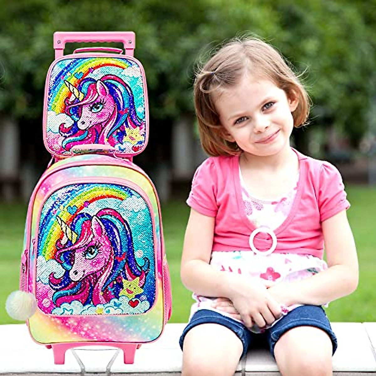 TXHVO 3PCS Rolling Backpack for Girls, Kids Rainbow Unicorn Bookbag with Roller Wheels, Cute Suitcase School Bag Set for Elementary Toddler