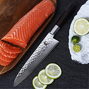 SAMCOOK Japanese Chef Knife - 8 Inch Professional Hand Forged Gyuto Knife - VG-10 Damascus High Carbon Stainless Steel Kitchen Cooking knife - Ergonomic Black Sandalwood Handle with Gift Box