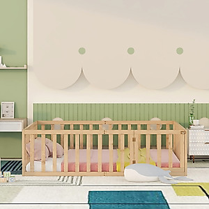 Bellemave Full Size Floor Bed for Kids, Montessori Bed Frame with Fence-Shaped Guardrails and Door, Wooden Floor Full Bed for Kids, Toddler, Boys Girls (Natural, Full Size)