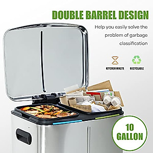 NChanmar Trash Can, Dual Trash Can for Recycling 40L/10 Gallon Stainless Steel Garbarge Can Foot Pedal Metal Trash Can with Lid Rubbish Bin for Home Office
