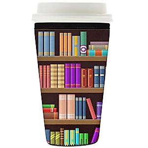 Iced Coffee Sleeve Colorful Bookshelf, Rainbow Book Library Reusable Neoprene Insulated Sleeves Cup Cover Holder for Cold Drinks Beverages 22oz - 24oz