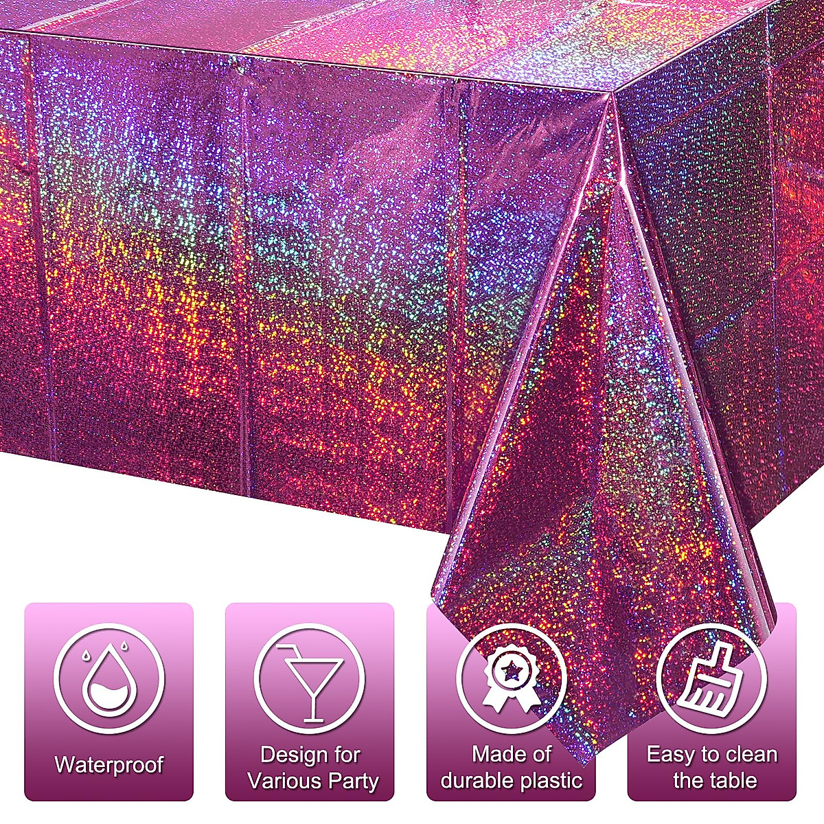 FunnyPars 3 Pack Pink Iridescent Table Cloth for Parties, Pink Plastic Shiny Laser Table Covers, Disposable Holographic Foil Tablecloth Iridescent Party Decorations for Girl Birthday Wedding, 54x108