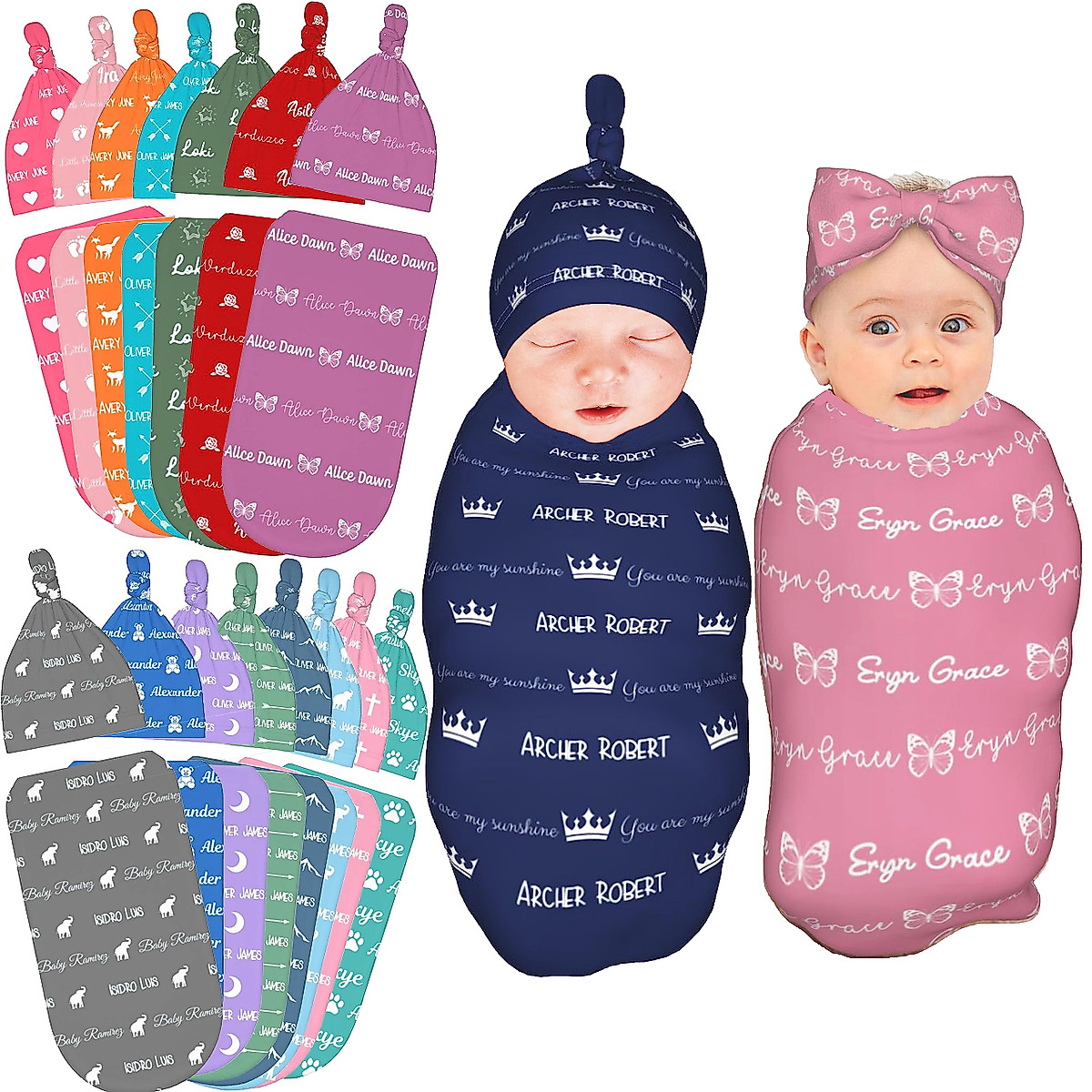 Swaddle and Hats Custom Baby Blankets for Girls Boys Blankets Baby Gifts Personalized Baby Items (Names & Icons)
