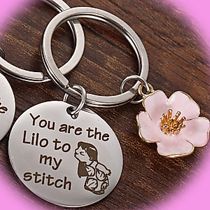Stitch and Lilo Inspired Keychain Gift - You are The Lilo to My Stitch Keychains Cosplay Stich Jewelry Blue Pink Hibiscus Flowers Key Chains for Fans Collectors Friends Bestie BFF Keyring (2 Pack)