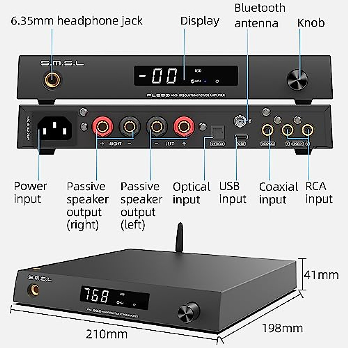 S.M.S.L AL200 Stereo Integrated Amplifier, 2-Channel Class D Audio Headphone Amp, MA5332MS Chip XMOS XU-316 MQA DSD Native 256, RCA/Bluetooth/USB/Coaxial/Optical Input with IR Remote Control