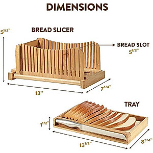 RAXXIO Bamboo Bread Slicer with Knife, Adjustable, Foldable and Compact with Crumb Tray, Bread Cutter for Homemade Bread, Loaf Cakes, Bagels Slicer, 3 Different Size Slices