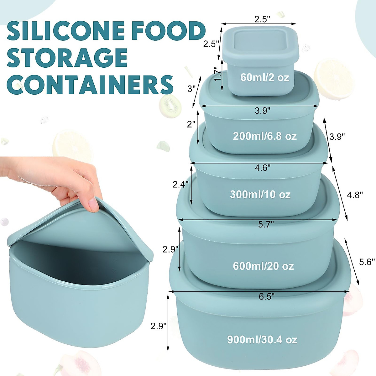 Yiyiring 5 Pcs Nesting Silicone Food Storage Containers with Lids Blue Silicone Bento Lunch Boxes Airtight Silicone Lunch Container, Microwave and Freezer Safe Lunch Supplies