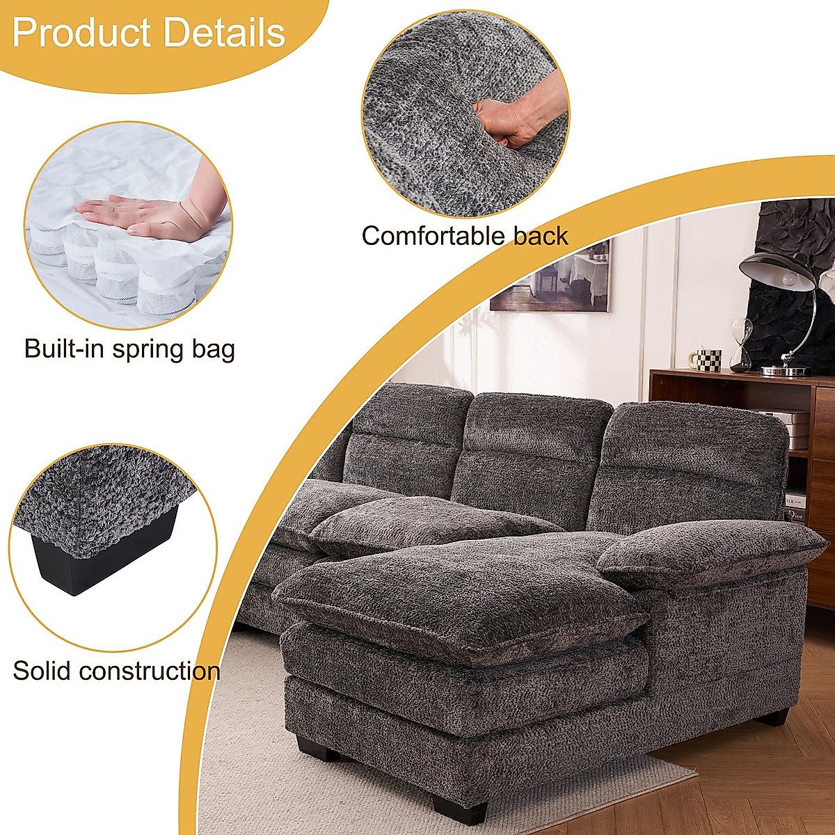 111" Cloud Couch,Modular Sectional Sofa, Convertible U Shaped Sofa Couch,4 Seat Chenille Sleeper Sofa with Chaise Lounge Upholstery Double Cushions Deep Seat Sleeper Couch for Living Room