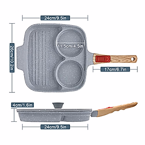 RANXINGST Ceramic Egg Pan with Lid, 10” Nonstick 3 Section Divided Grill Pan with Detachable Handle, Fried Egg Pan Omelette Pan for Breakfast - Blue