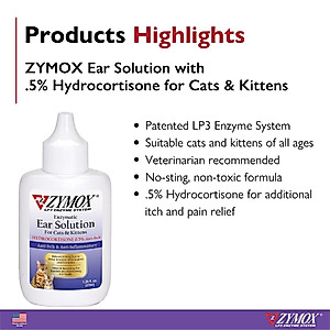 Zymox Enzymatic Ear Solution with 0.5% Hydrocortisone for Cats & Kittens, 1.25 oz. – Cleans & Refreshes Ear Canal for Relief from Ear Wax, Dirt Buildup, Itchiness, Irritation, Inflammation & Redness