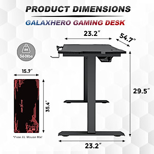 GALAXHERO 55“ Large Gaming Desk, Professional Gamer Computer Desk with Headphone Hook and Cup Holder, Home Office PC Workstation for E-Sports Use, Free XL Mouse Pad, Black, GX-SD