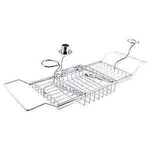 Bath Tray for Tub, Adjustable Bathtub Caddy Tray with Extending Side, Metal Bathtub Shelf Expandable Storage Rack Organizer with Wine Glass and Phone Holder for Home Bathroom Luxury Bathing, Silver