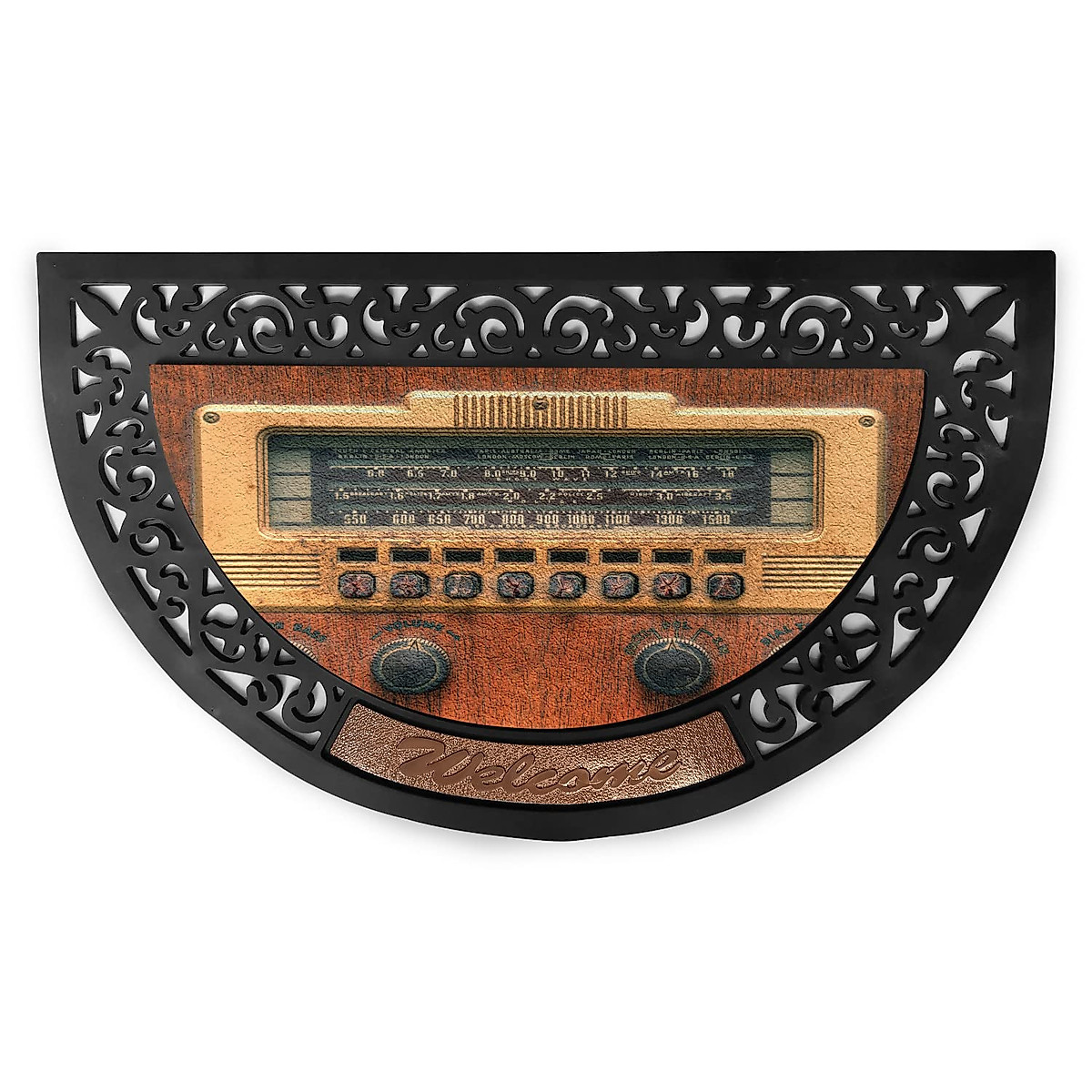 Ambesonne Vintage Doormat, Retro Antique Radio Music Player Enjoyment Holiday Theme Art Print, Semi Circle Entryway Welcome Mat for Front & Backard 2 Pieces, 19.6" x 31.4", Brown Ecru