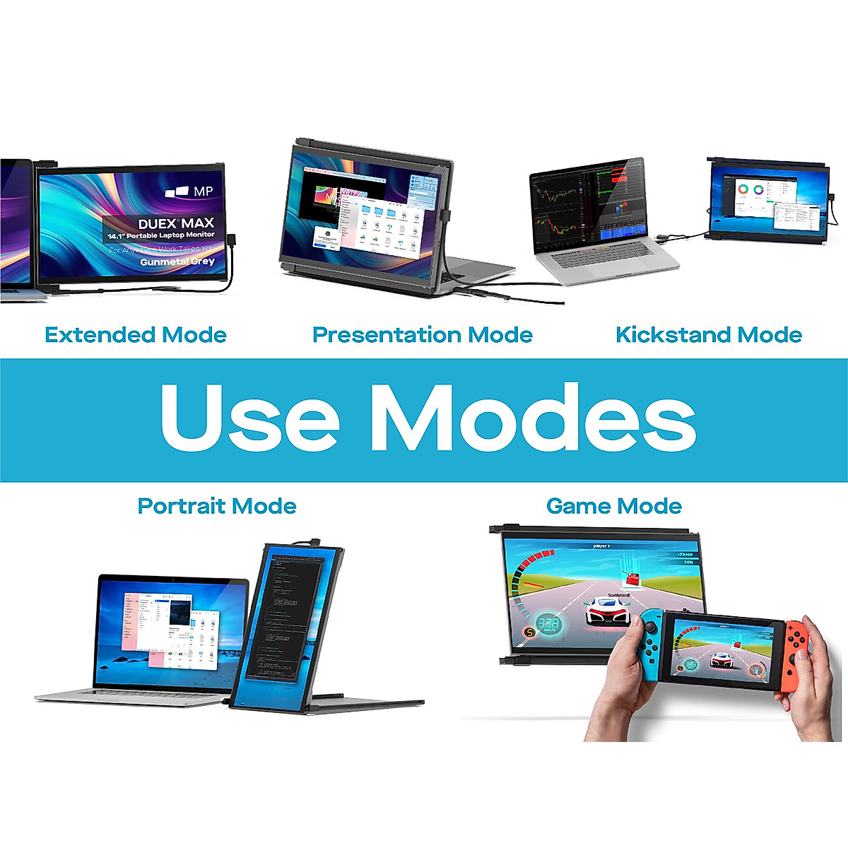 Duex Max Grey Portable Monitor with Adhesive, New Mobile Pixels 14.1" Full HD 1080P IPS Auto Rotated Laptop Screen Extender, USB A/Type-C USB Powered Plug and Play (1 Max Grey and 12* Adhesive)