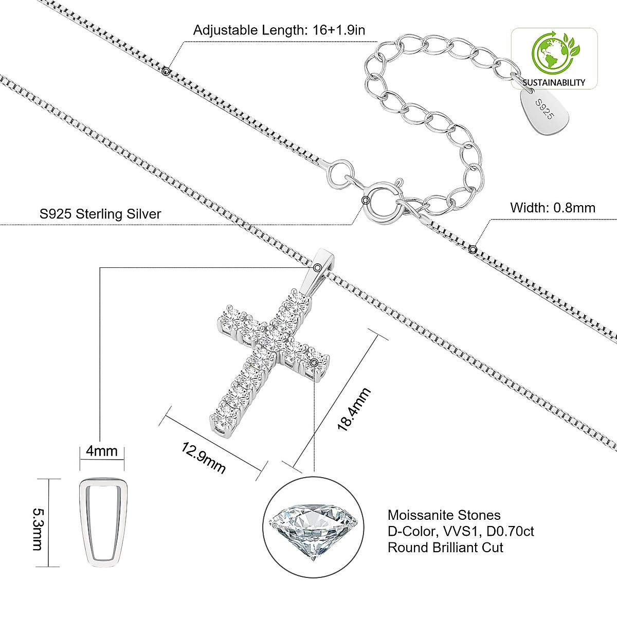 KRKC&CO Moissanite Diamond Cross Pendant For Women, S925 Sterling Silver, D Color, 0.66Carat, with 0.8mm 16+2" Rope Chain, Brilliant Excellent Cut Iced Out, 14K Gold, For Her, Girlfriend