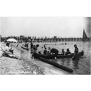HistoricalFindings Photo: Bathers,Colonial Beach,Virginia,VA,Canoe,Pier,Umbrella,Sailboat,Swimming,c1920